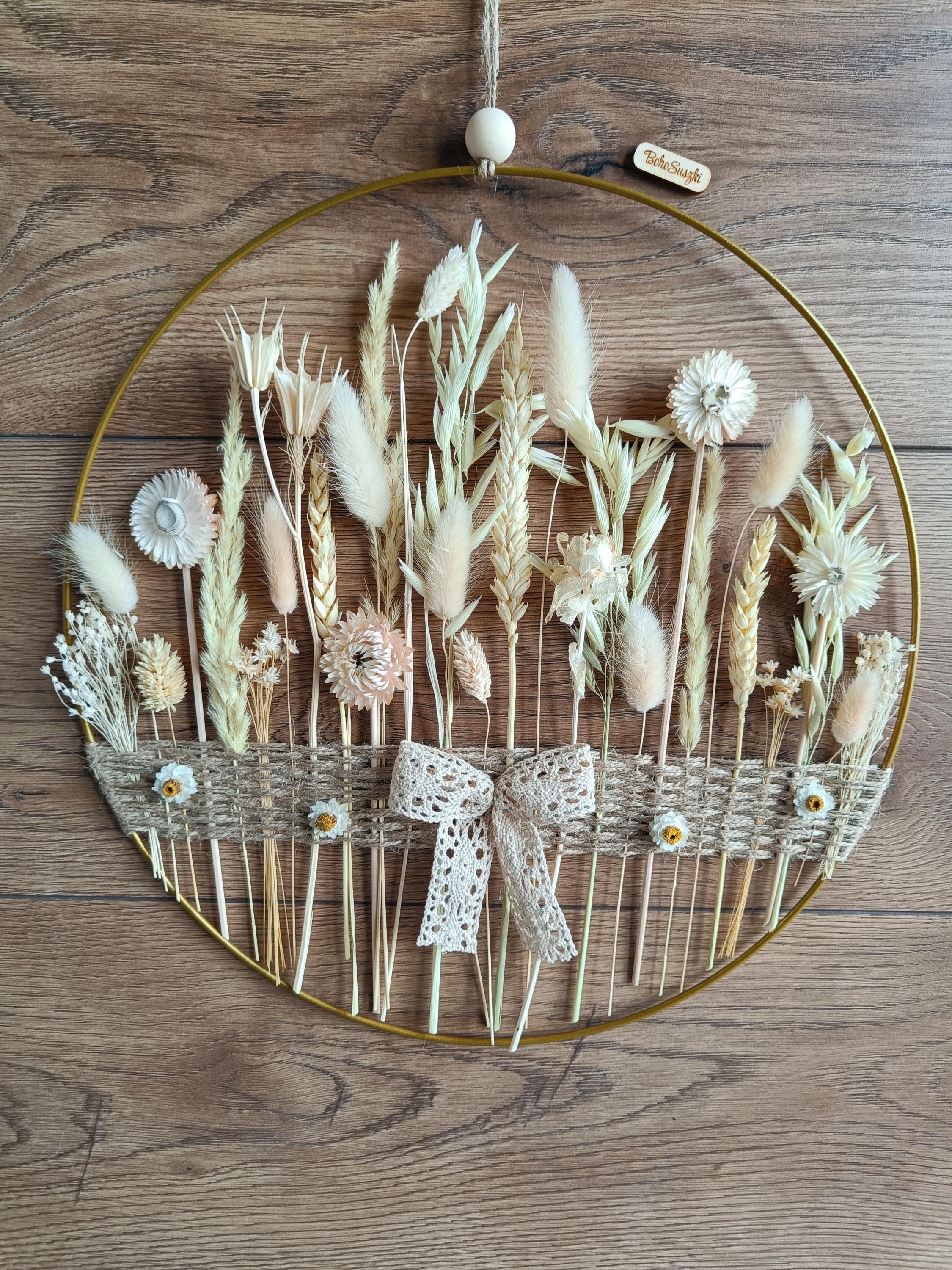 Boho Hoop With Beige Dried Flowers, Gold Floral Hoop, Wall Hanging ...