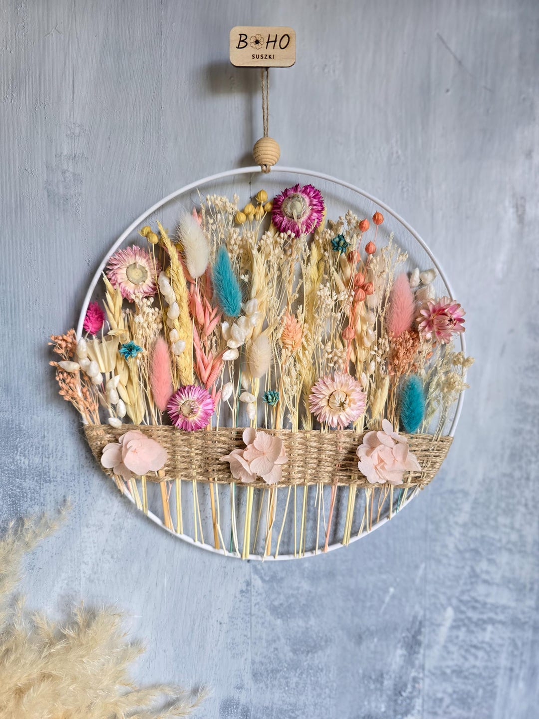Spring Wall Hanging With Dried Flowers, Rustic Floral Hoop With Jute ...