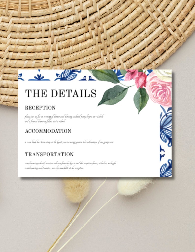 Italian Blue Tiles and Floral Wedding Invitation Suite, Invite, RSVP ...