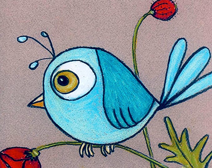 Blue Bird Wall Art Print, Whimsical Bird Art, Colorful Bird, Modern ...