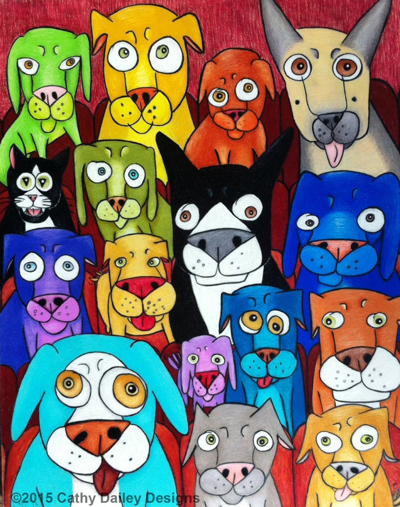 Colorful Dog Art Print, Funny Dog Print, Whimsical Dogs Artwork, Multi ...