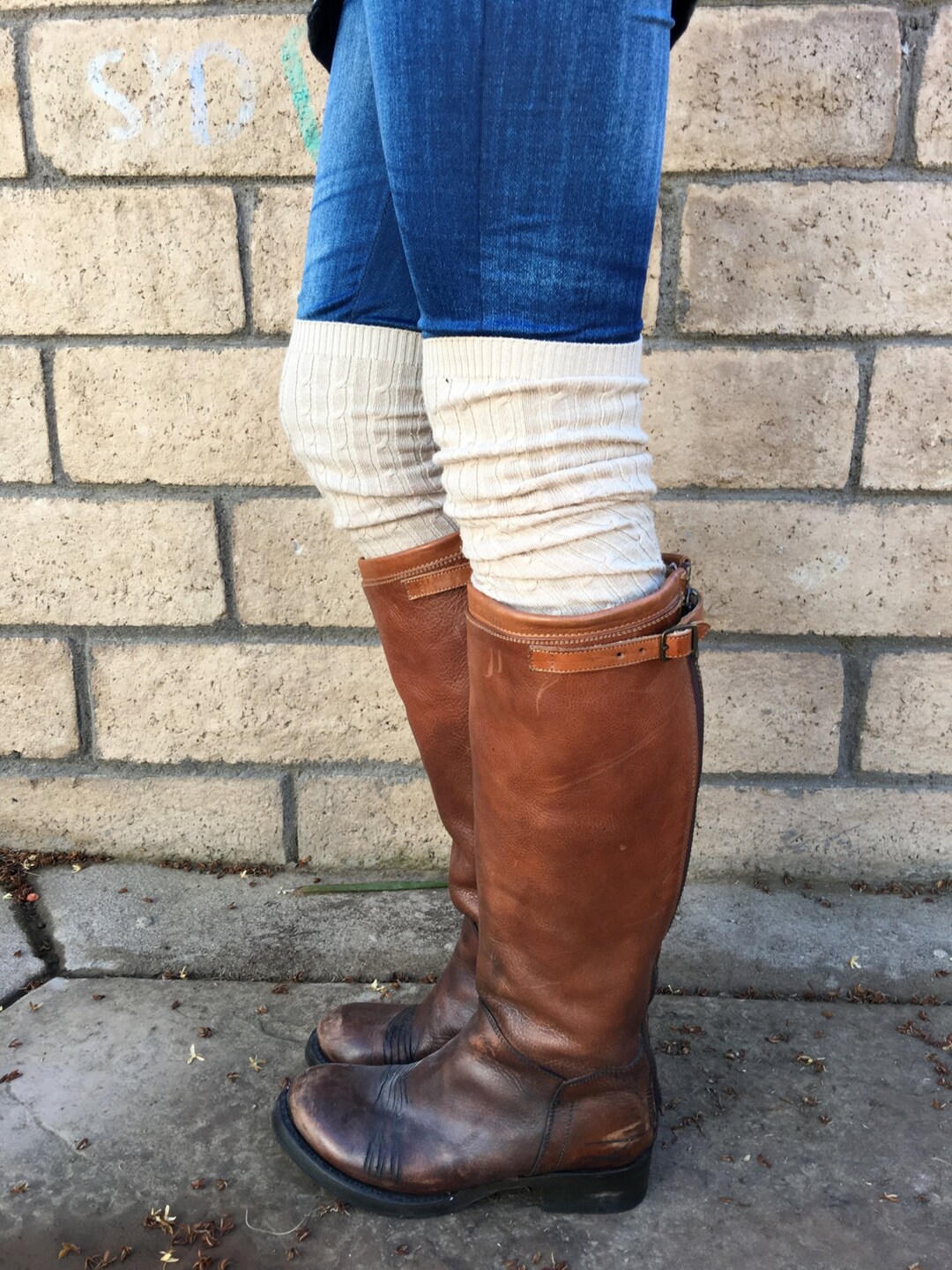 Off White Cable Tan Rib Knit Bootsocks Legwarmers Upcycled Boot Socks ...
