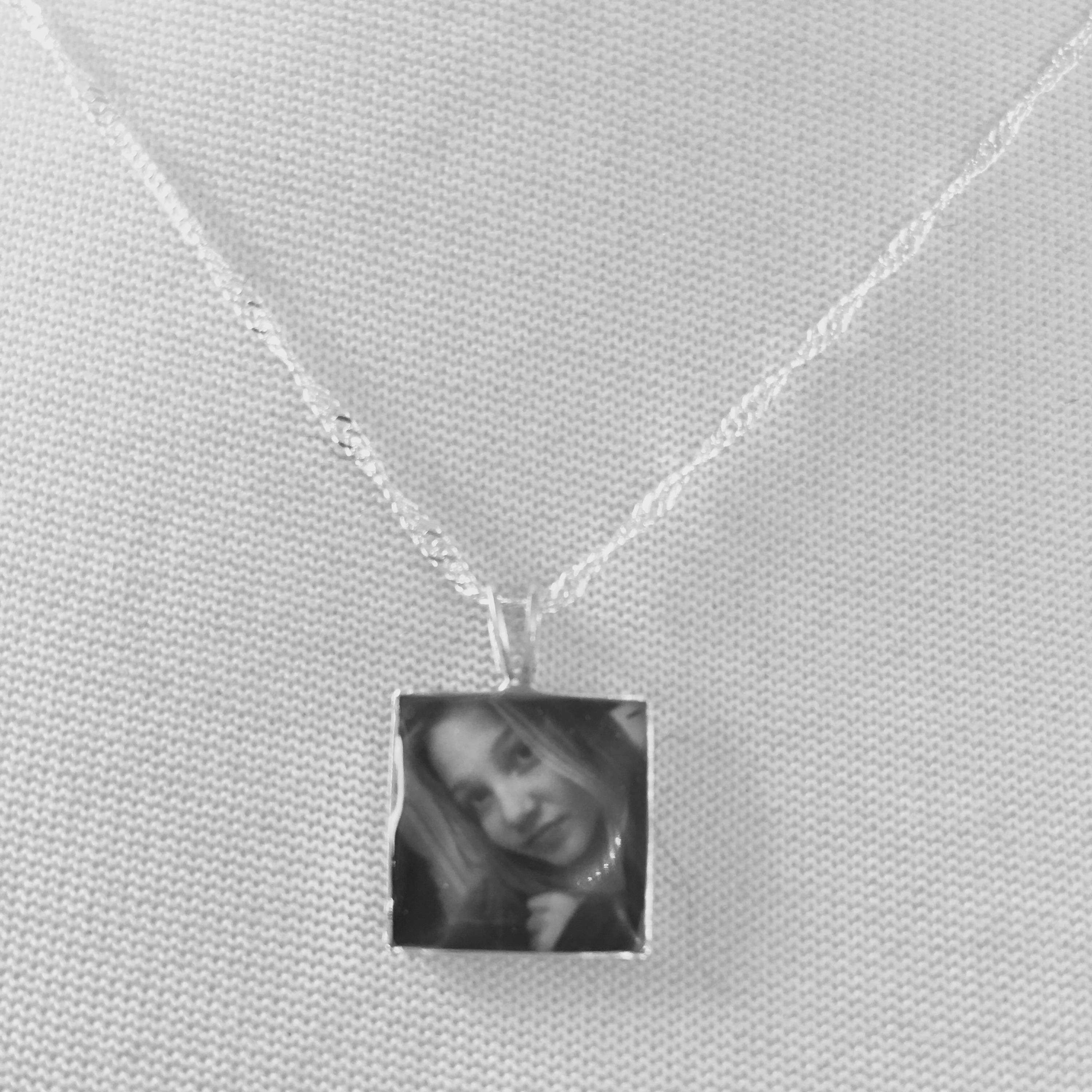 Custom Dainty Silver Square Resin Photo Charm Pendant on 18 Inch Water ...