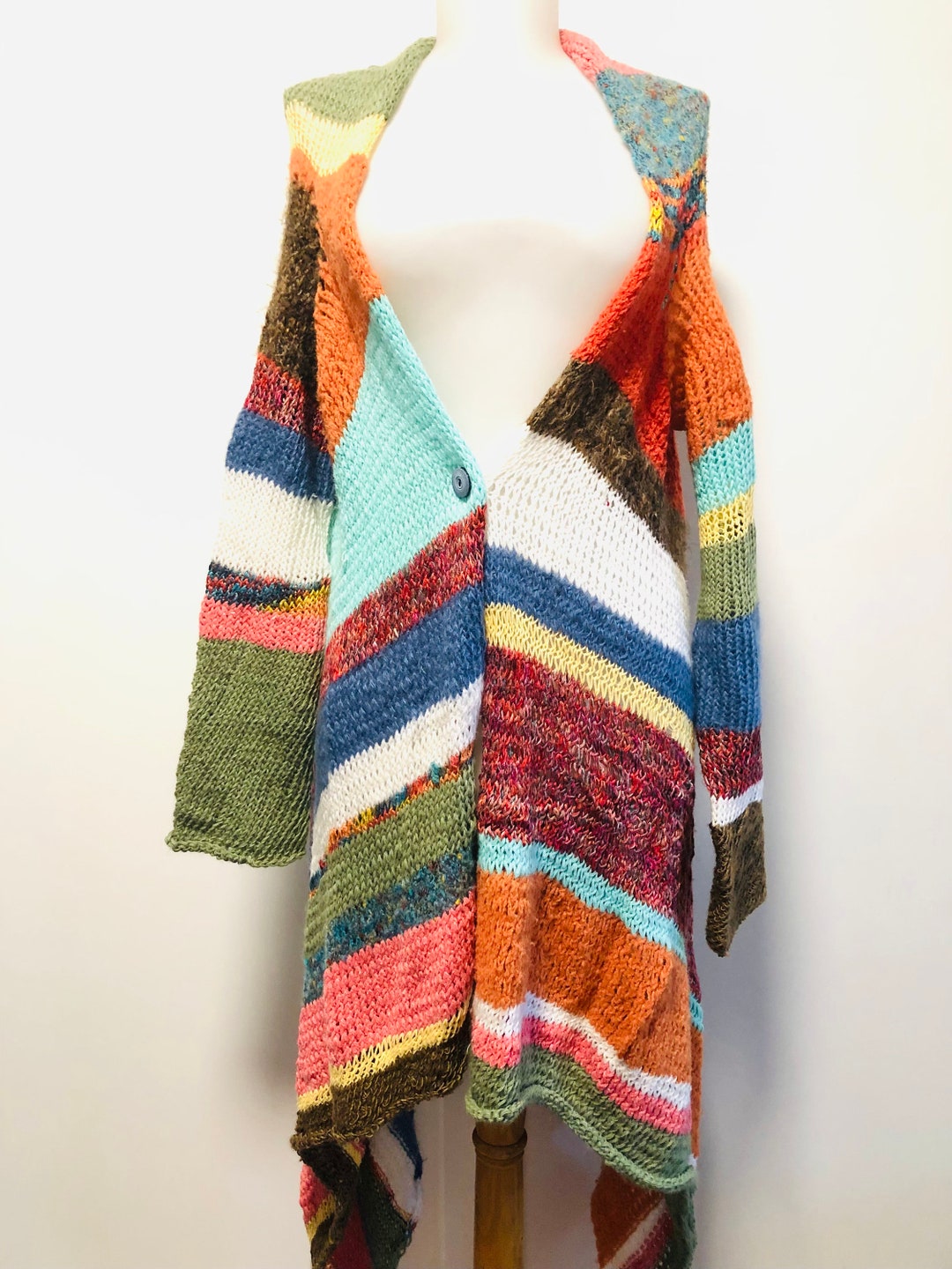 Long Drapey TECHNICOLOR Cardigan Wrap Sweater Knit Cozy Warm Soft Thin ...