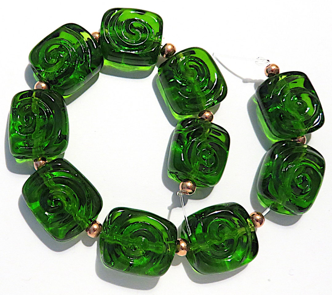 Mossy Green Square Spiral Tabs, Handmade Glass Lampwork Beads - Etsy
