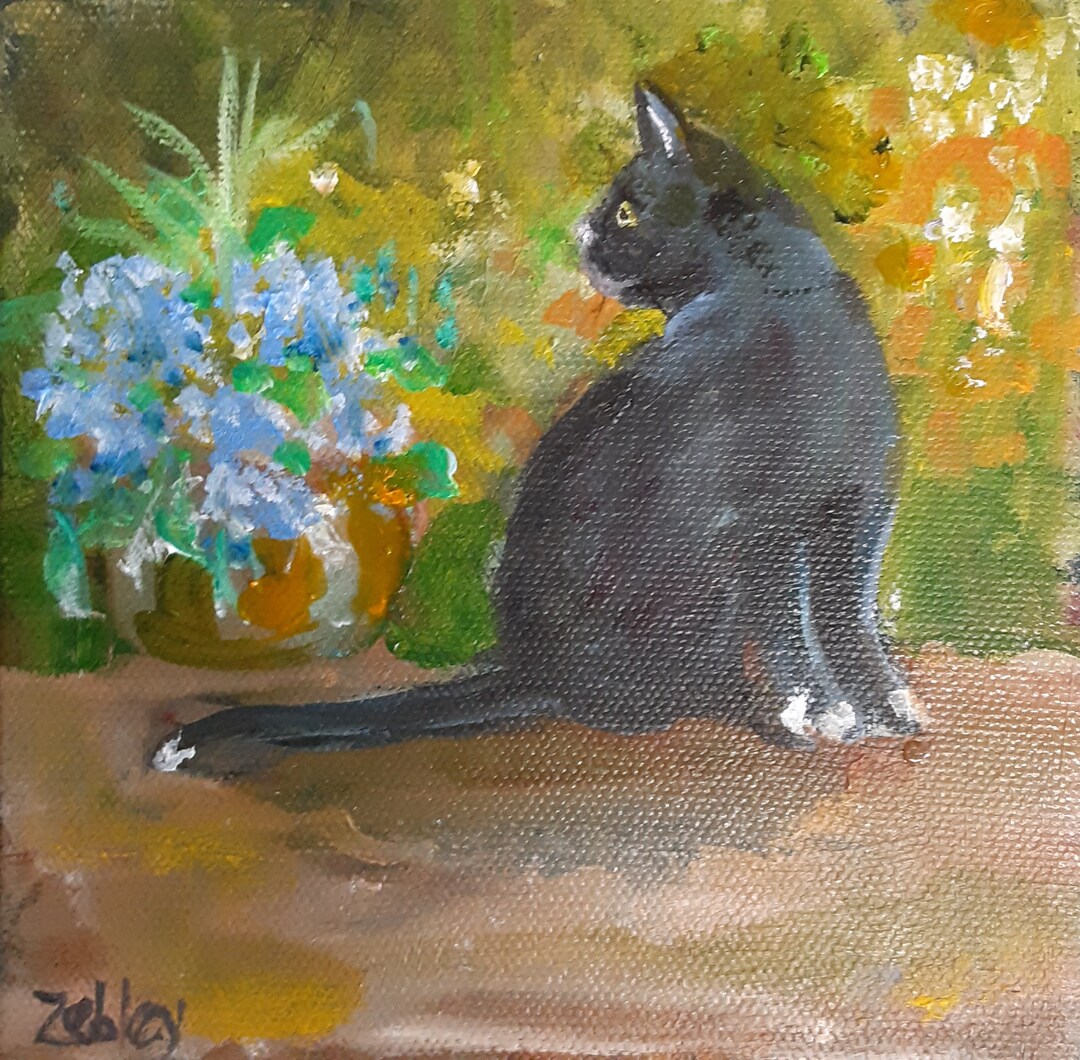 Cat Painting, Black Cat With Hydrangeas in the Garden, Hand Painted ...