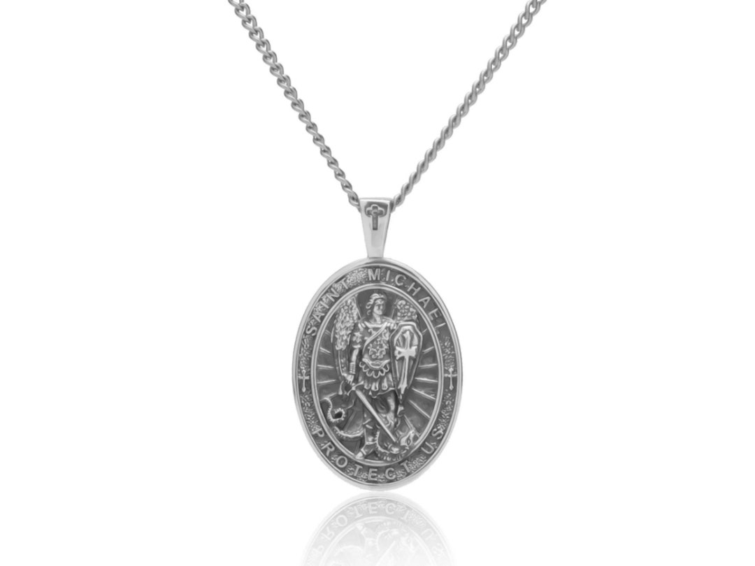 St Michael Medal Necklace/ Silver Catholic Angel Medallion Pendant ...