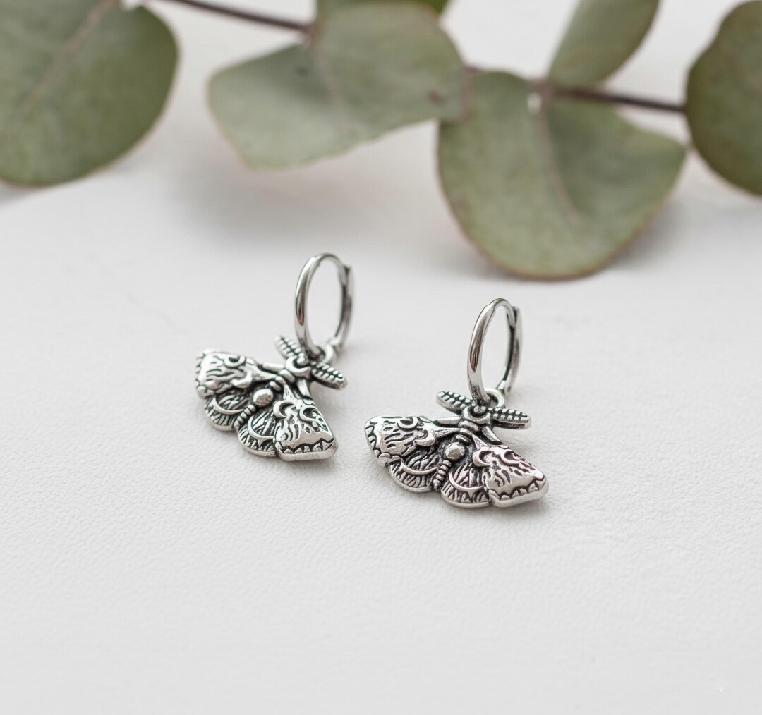 Silver Moth Hoop Earrings – Luna Moth Dangle Hoops, Textured Insect ...