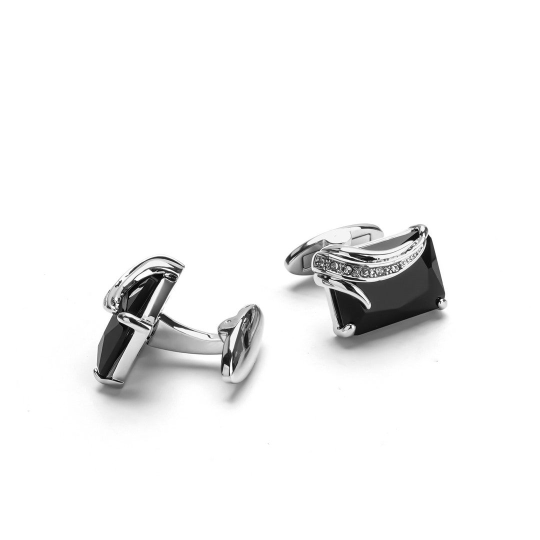 Luxury Black Crystal Cufflinks Initial Silver Square Gemstone Cuff ...