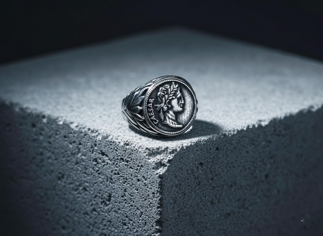 Silver Caesar Signet Ring, Vintage Roman Coin Men’s Jewelry, Statement ...
