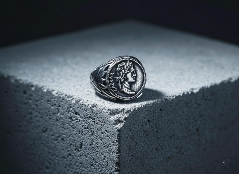 Silver Caesar Signet Ring, Vintage Roman Coin Men’s Jewelry, Statement ...