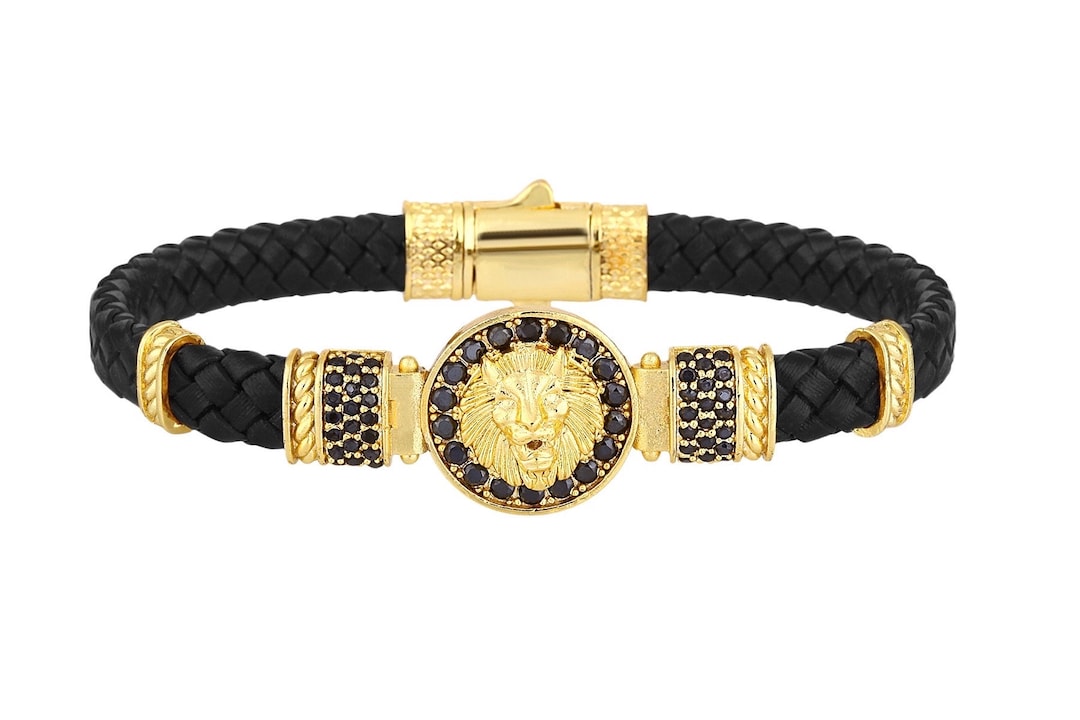 Black Leather Lion Bracelet/ Gold African Wild Lion Head Men's Leather ...