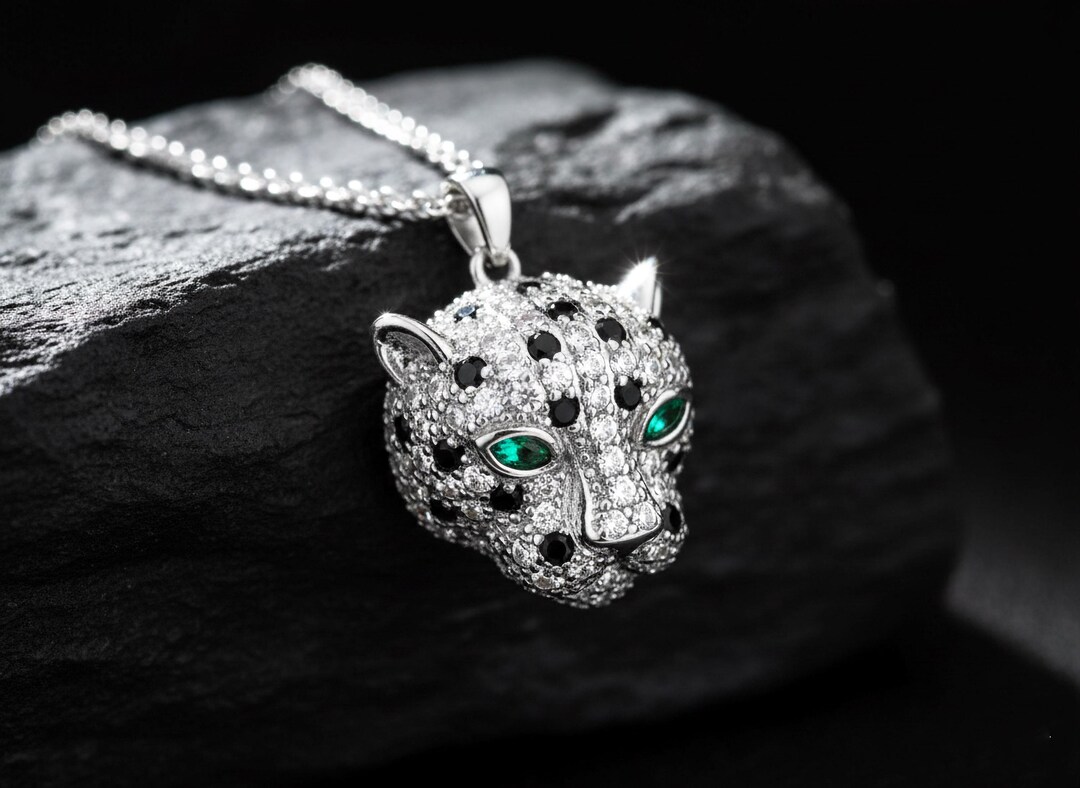 Crystal Leopard Head Necklace: Stainless Steel Panther With Green Eyes ...