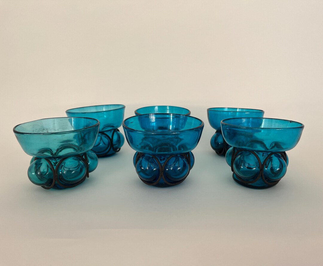 Glass Votives, Caged Glass, Turquoise Glass, Glass Cups, MCM - Etsy