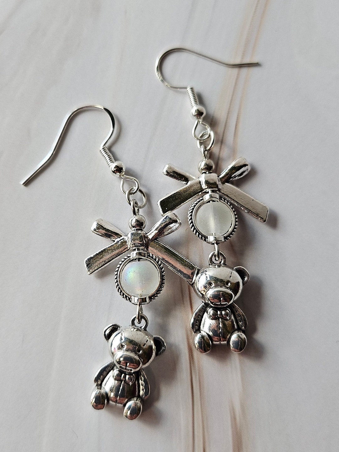 Silver Teddy Bear Charm With Iridescent Bead and Bow Aka Celestial Cubs ...