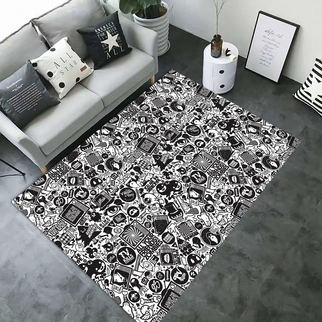 Clip Art Printed Rug, Mixed Black and White Rug, Text Printed Rug, Wall ...