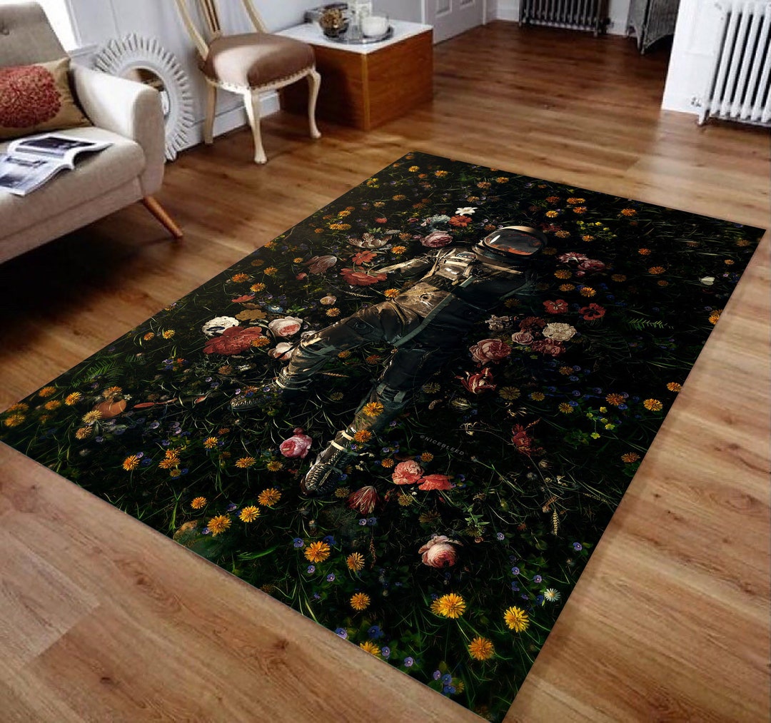 Astronaut in Nature Themed Rug, Floral Cosmos Rug, Colors of Space ...