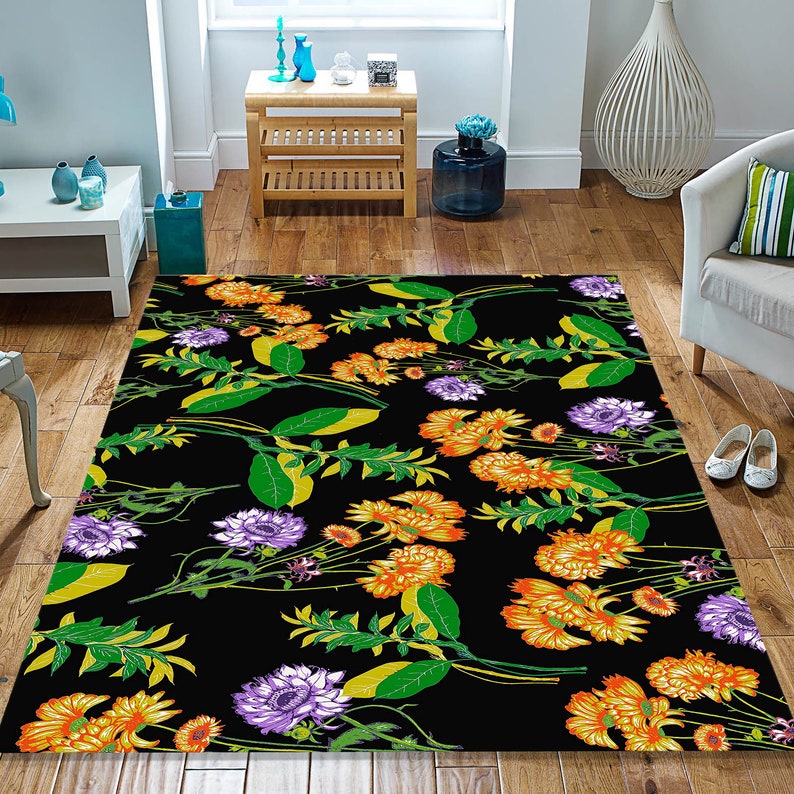 Vintage Floral Patterned Rug, Floral Patterns on a Black Background ...