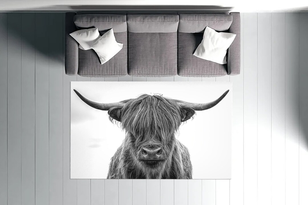 Highland Cow Print Rug, Black and White Painting, Living Room Rug ...