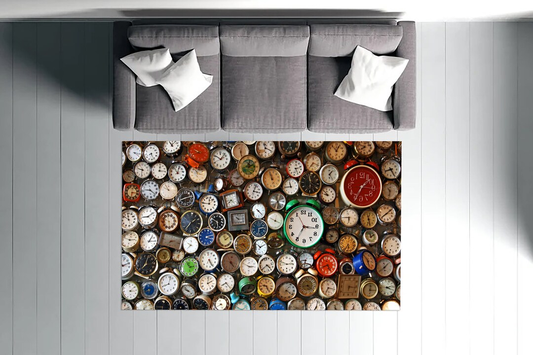 Alarm Clock Printed Rug, Clock Printed Rug, Pattern Printed Rug, Living ...