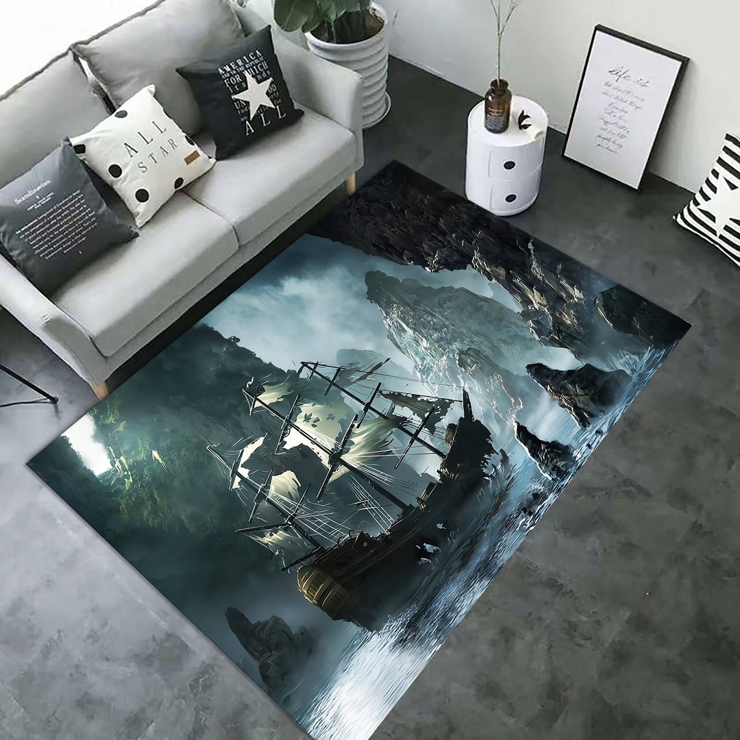 Pirate Ship Cartoon Printed Rug, Sailing Ship Among the Rocks, Gloomy ...