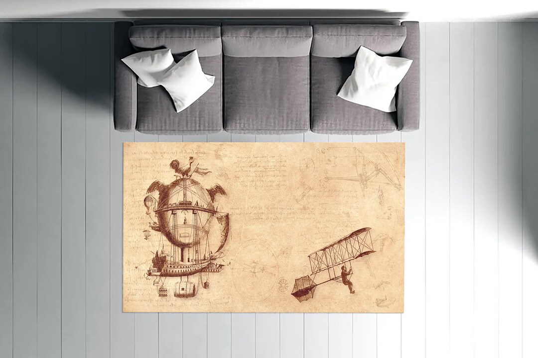 Future Airship Travel, Parchment Look Rug, Old Airplane Themed Rug ...