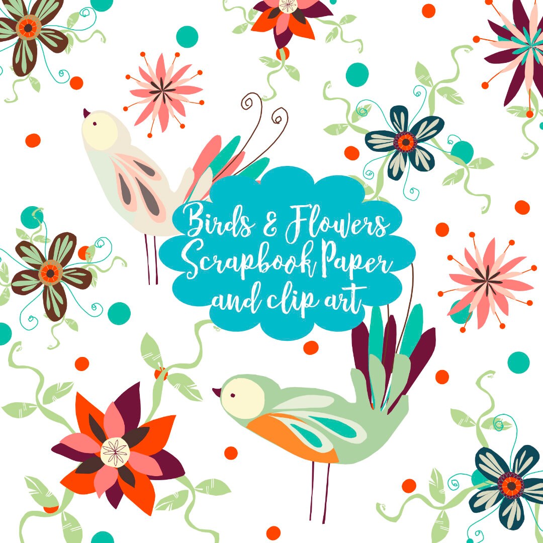 Birds & Flowers Clip Art Scrapbooking Digital Wallpaper - Etsy