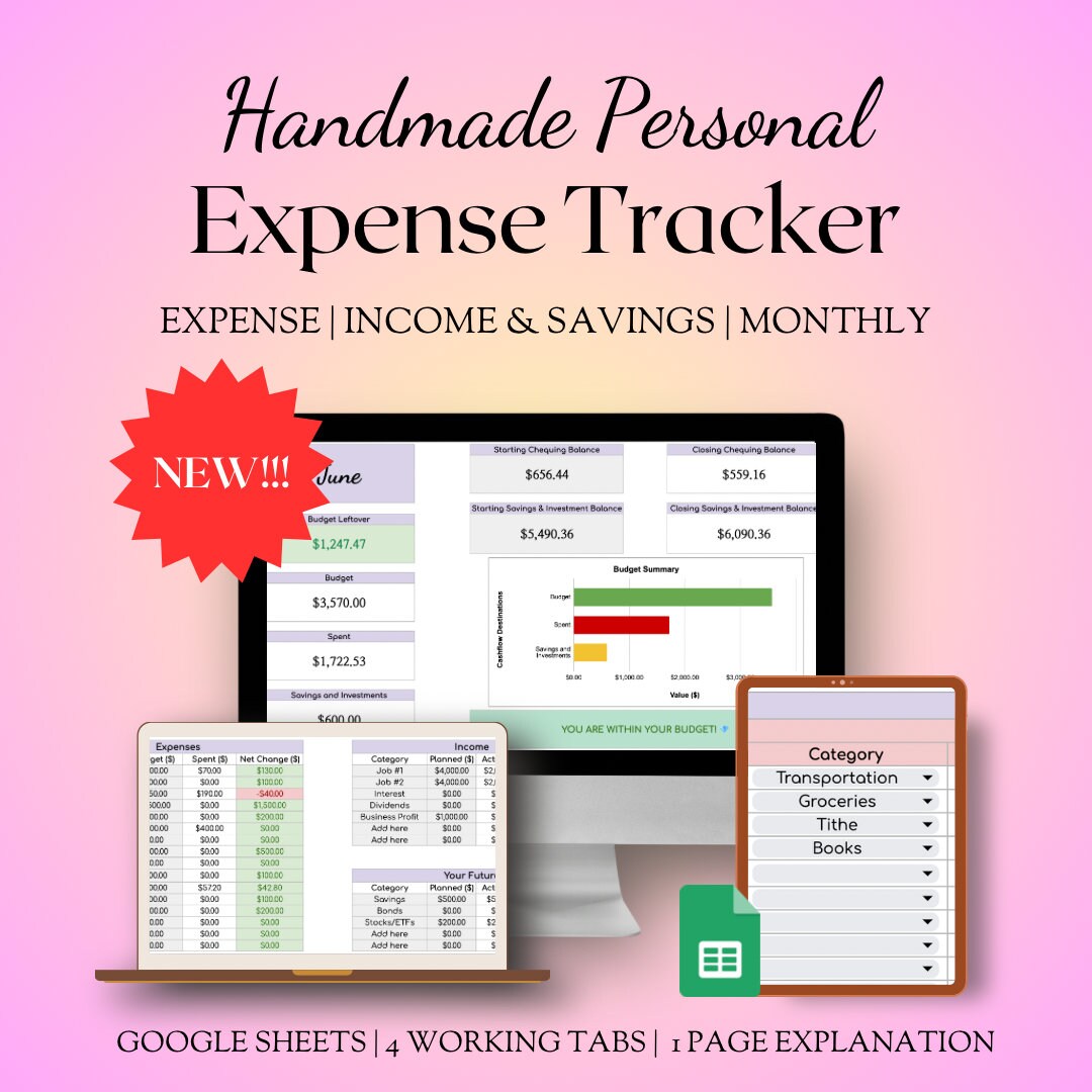 Handmade Personal Expense Tracker GOOGLE SHEET TEMPLATE Track Your ...