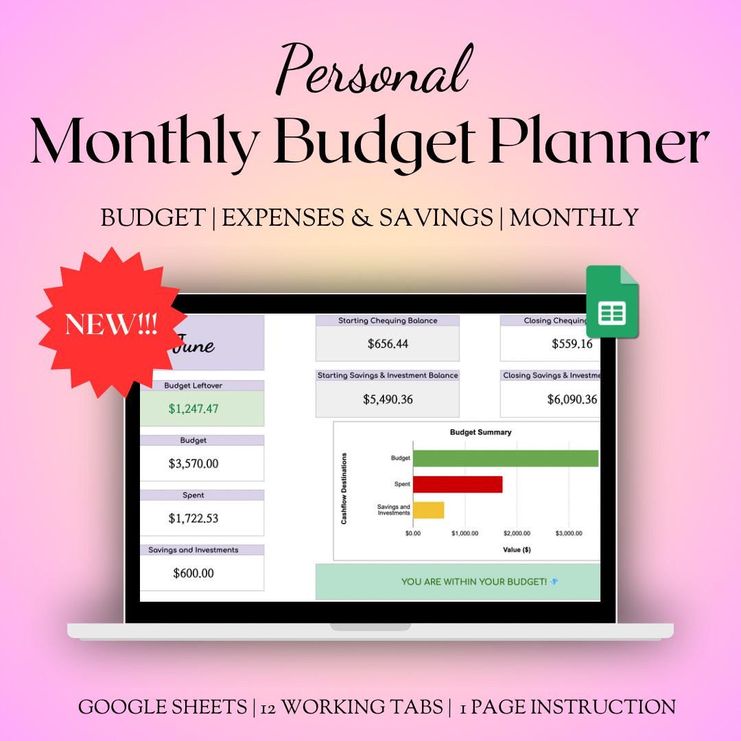 Handmade Personal Monthly Budget Tracker (GOOGLE SHEET TEMPLATE ...