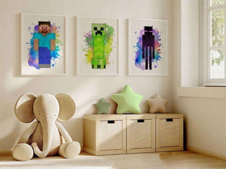 Minecraft Watercolor Wall Art Poster Set, 6 Printable Prints, Steve ...