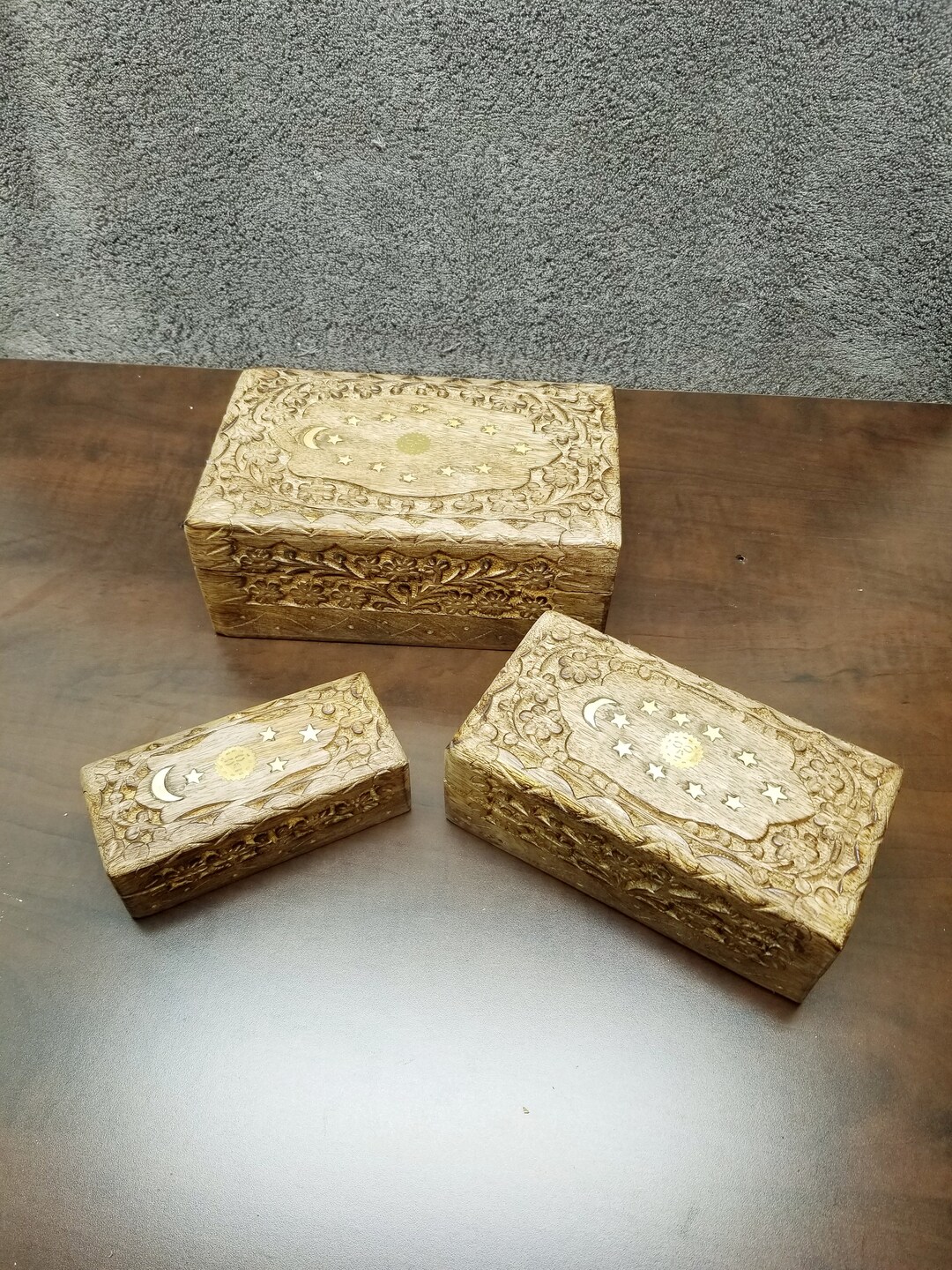 CELESTIAL SUN and MOON Carved Wood Nesting Boxes --- 3 Sizes Available ...