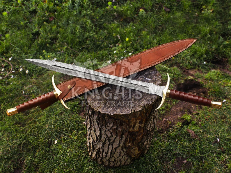 Handmade Damascus Steel Viking Sword: Rio Gold, Leather Scabbard - Etsy