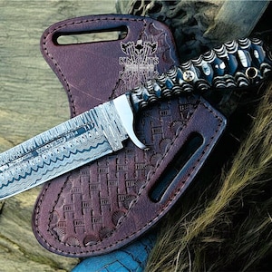 Damascus Bull Cutter Knife: Pakka Handle & Leather Sheath, Cowboy Knife ...