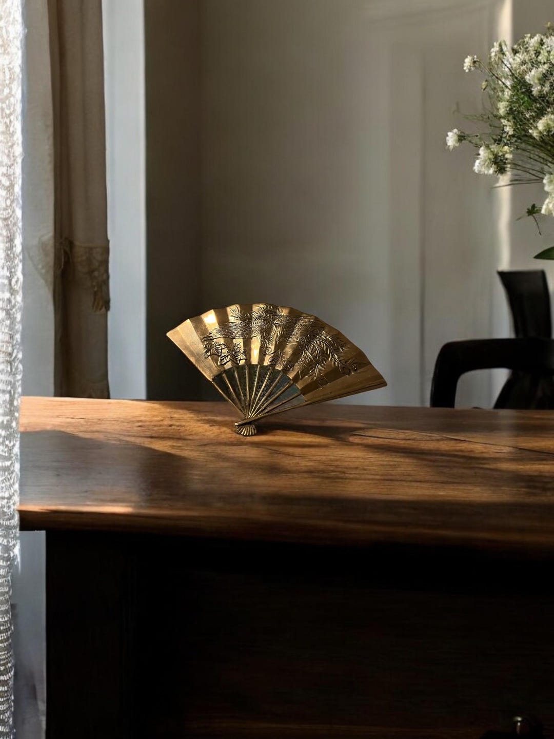 Vintage Chinoiserie Brass Fan | Wall Decor | Phoenix Motif | Solid ...