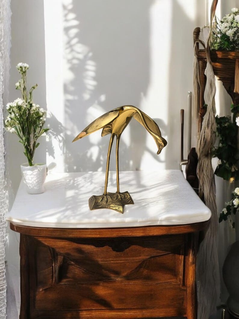 Vintage Brass Crane | Bowing Crane | Solid Brass | Brass Decor | Brass ...