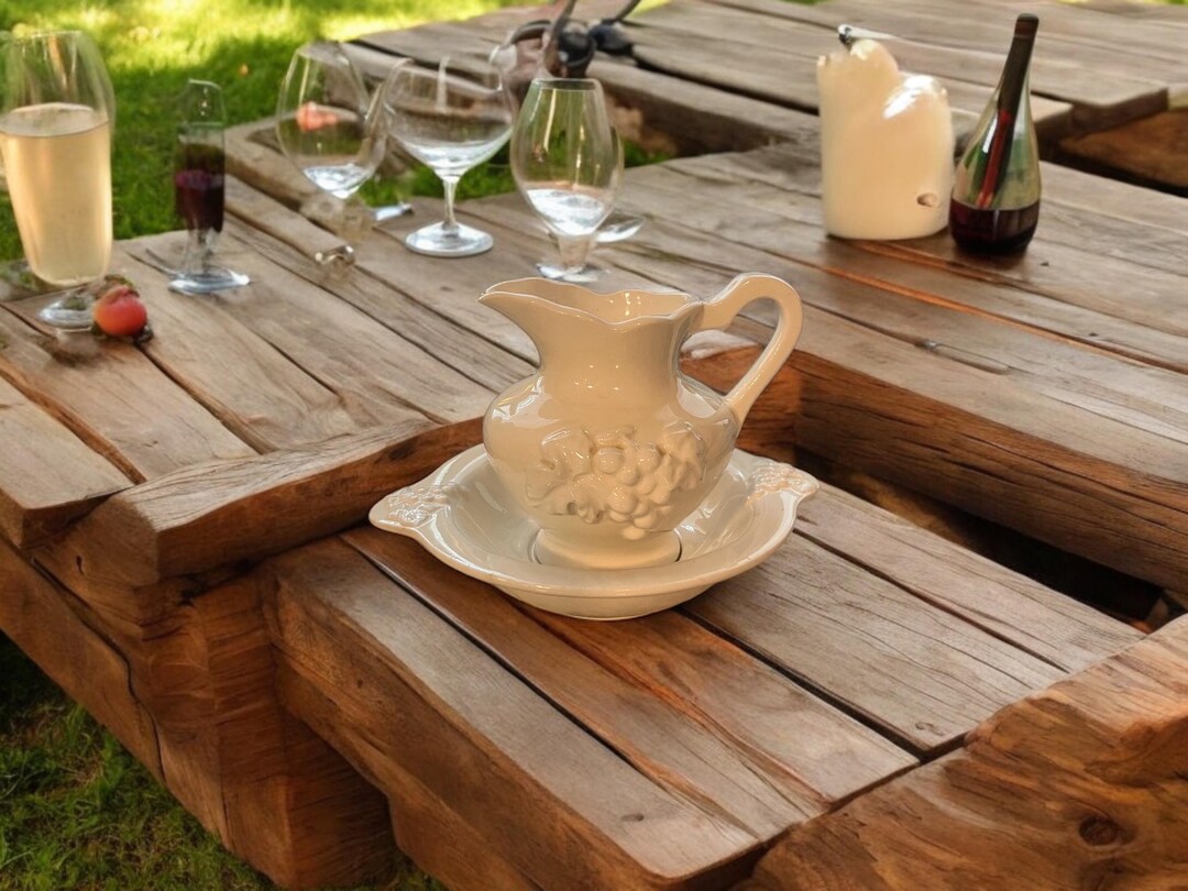 Vintage Lefton China Small Pitcher and Bowl Set White With Raised Grape ...