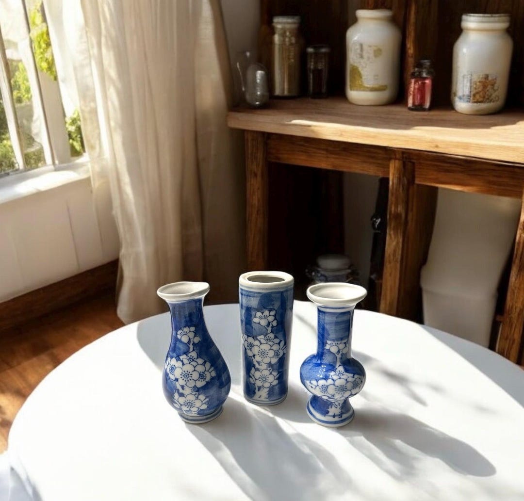 Vintage Chinoiserie Bud Vase Collection | Set of 3 Bud Vases | Blue and White Decor - Etsy