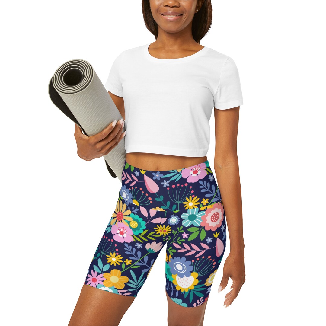 Super Pretty High Waisted Yoga Shorts AOP, Vintage Flower Yoga Pants ...