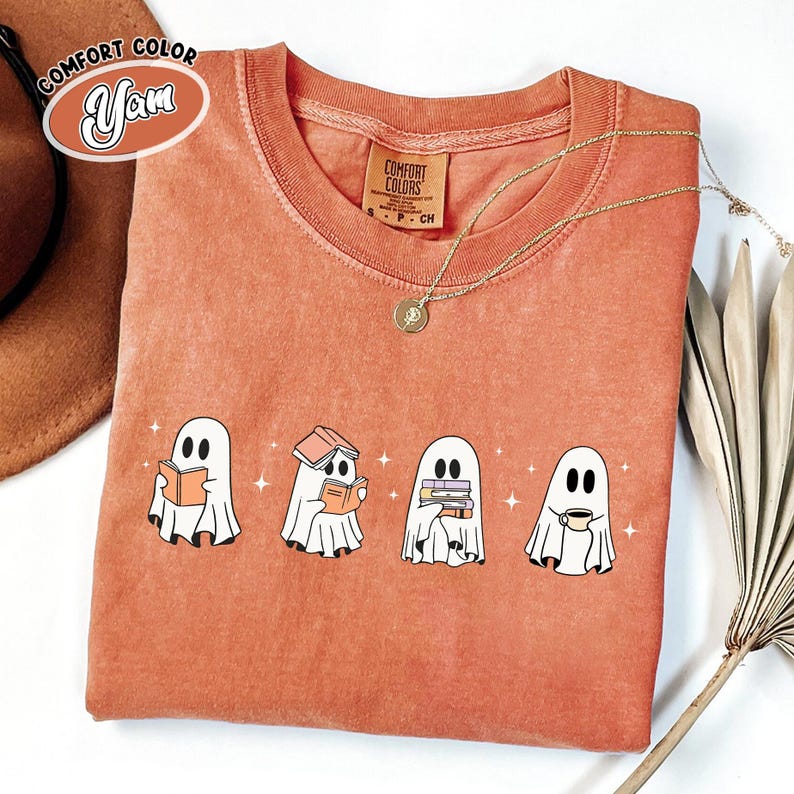 Comfort Colors® Cute Ghost Reading Book Halloween Tshirt, Ghost Reading ...