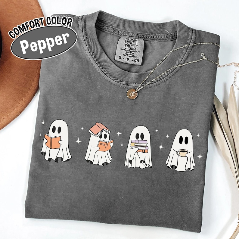 Comfort Colors® Cute Ghost Reading Book Halloween Tshirt, Ghost Reading ...