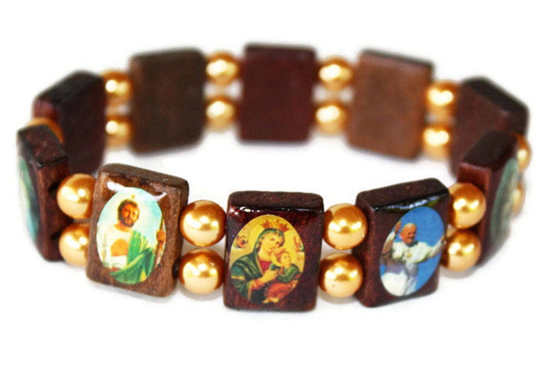 Wooden Saints Catholic Charm Bracelet With Beads - Etsy
