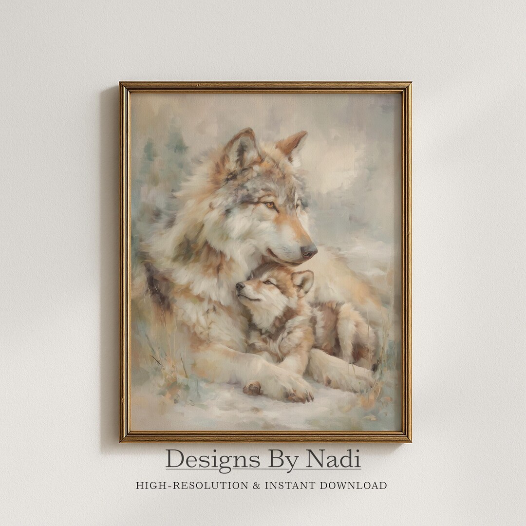 Wolf Mother and Baby Vintage Wall Art Wildlife Animal Painting Rustic ...