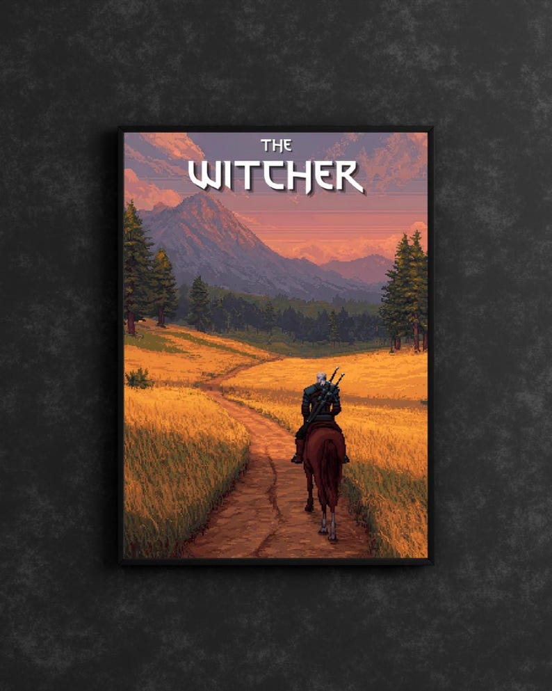 The Witcher Pixel Art Poster – Geralt on Horseback at Sunset | Fantasy ...