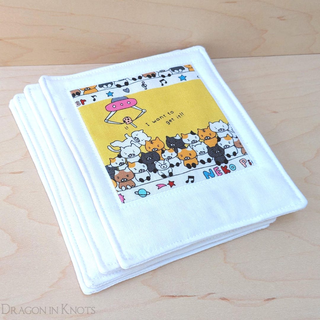 Cat Claw Machine - Set of 4 Coasters - Yellow and White, Funny Kawaii ...