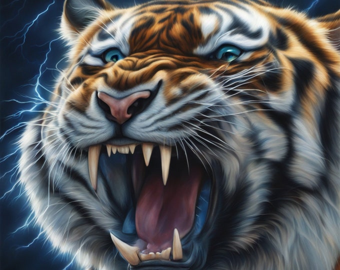 Angry Snarling Tiger. Closeup Front View, Blue Lightning in the ...