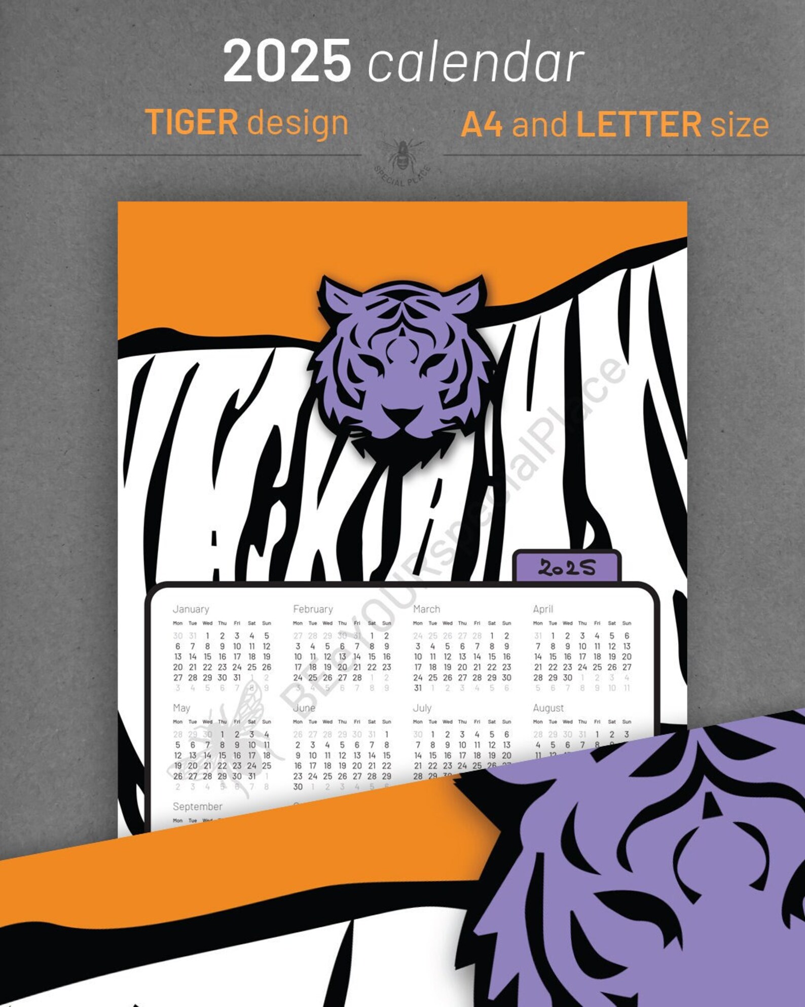 2025 Calendar / TIGER Design / for Animal Lovers / Printable in A4, A5 ...