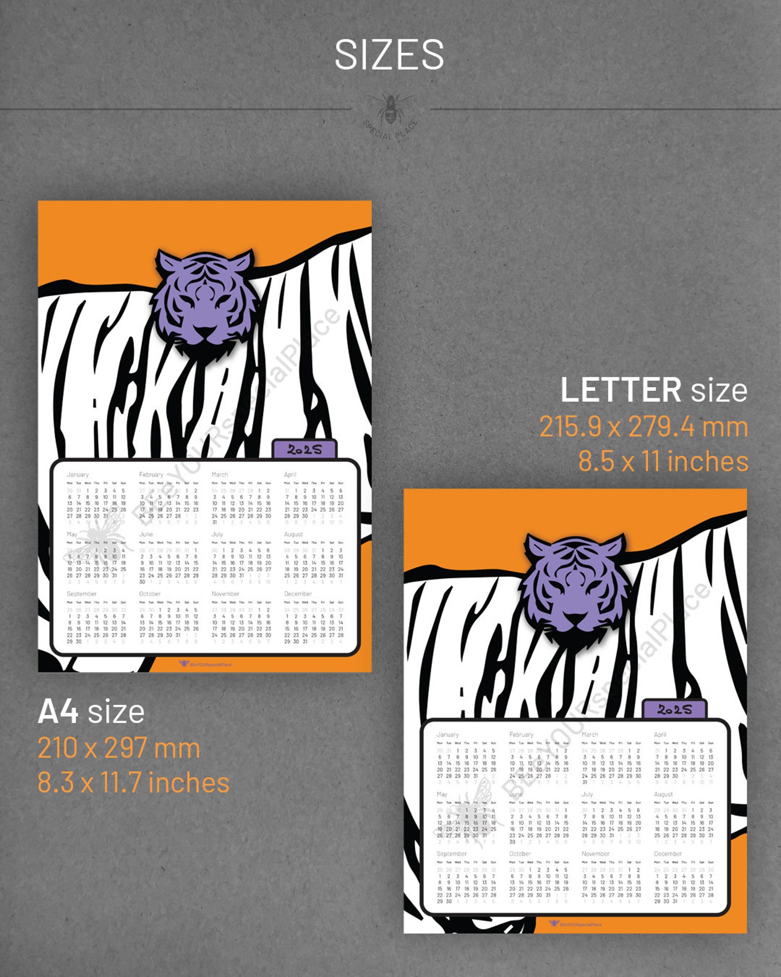 2025 Calendar / TIGER Design / for Animal Lovers / Printable in A4, A5 ...