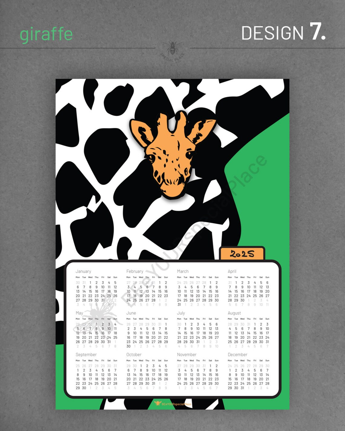 2025 Calendar / GIRAFFE Design / for Animal Lovers / Printable in A4 ...
