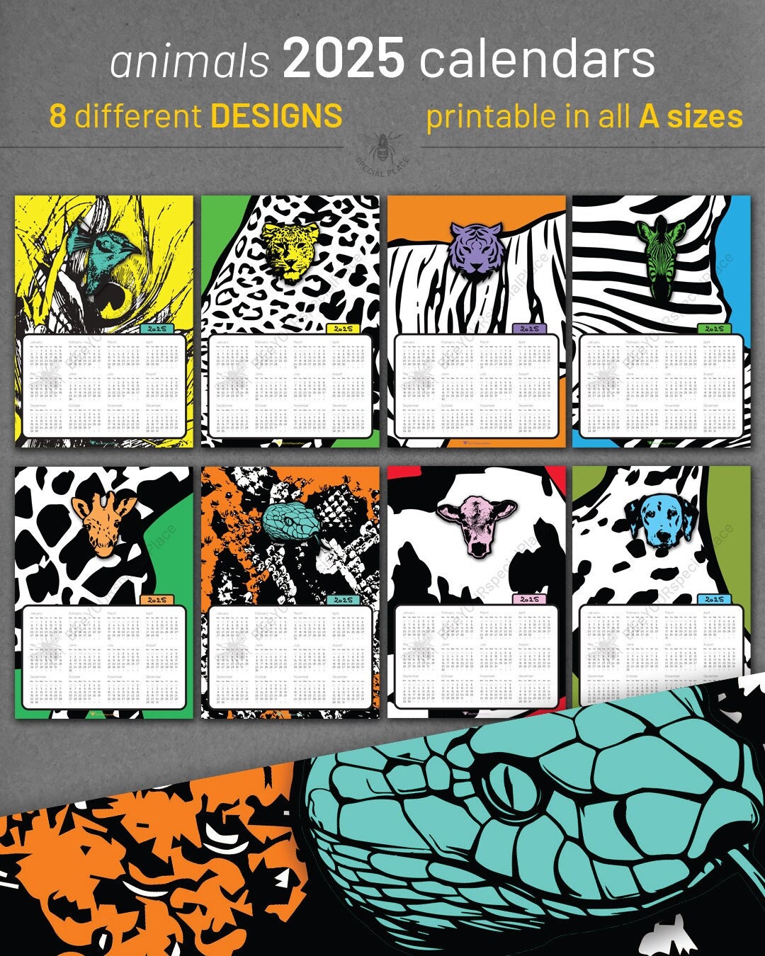 2025 Calendar / 8 Different Designs / for Animal Lovers / Printable in ...