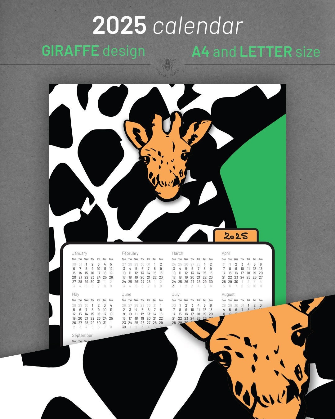 2025 Calendar / GIRAFFE Design / for Animal Lovers / Printable in A4 ...